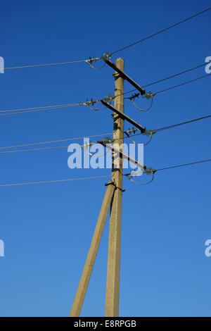 Old-fashioned electric pylon made of concrete with wires sunlit Stock ...
