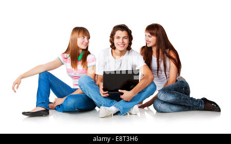 students siting and smiling with laptop on white background Stock Photo ...