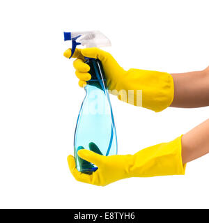 Cleaning spray in hand isolated on white Stock Photo - Alamy