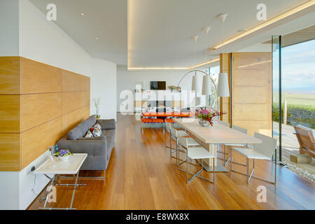 A modern, retro style open plan sitting room with dining area, curving ...