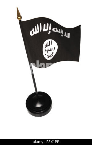 Small flag of ISIL, ISIS in a stand isolated on a white background ...