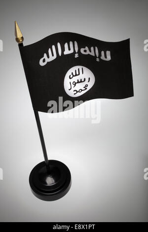 Small flag of ISIL, ISIS in a stand isolated on a white background ...