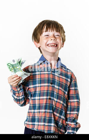 Happy fat boy smile with money and piggy bank isolated on white ...