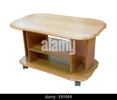 Living room with small pine table and box between neutral curtains ...