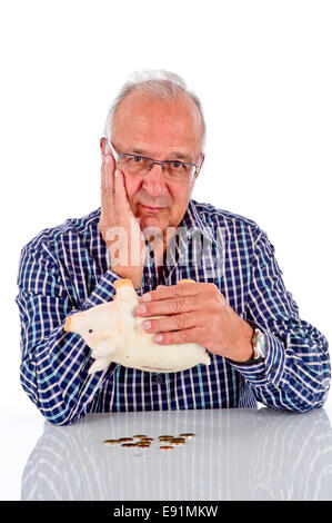 Worried concerned elderly male pensioner stand alone look through ...