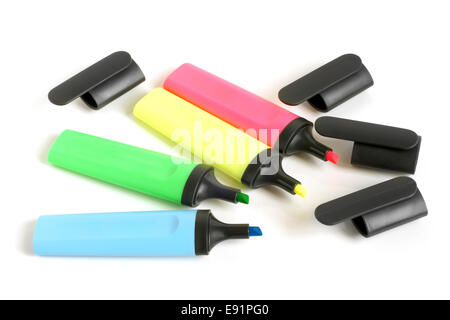 Multi colored highlighters at blue background with copy space Stock ...