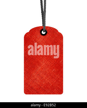 Blank red price tag label with a hanging string tied to the paper as a ...