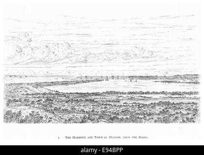 A 1891 illustration of the harbour and town of Durban, South Africa ...