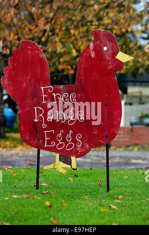 Hen shaped free range eggs sign in garden Stock Photo - Alamy