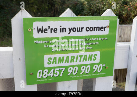 A Samaritans sign with a suicide helpline phone number on the edge of ...