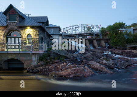 Lower Bracebridge Falls and hydro dam with a fresh snowfall on the Muskoka River. Bracebridge ...