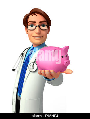 Illustration of young doctor with piggy bank Stock Photo - Alamy