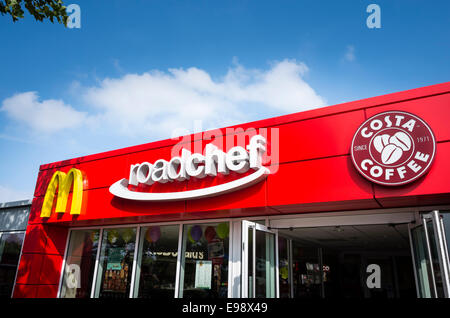 Roadchef motorway service station sign with McDonalds and Costa Coffee ...