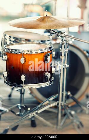 Instruments of a jazz band on stage, big band, electric bass, drums and ...