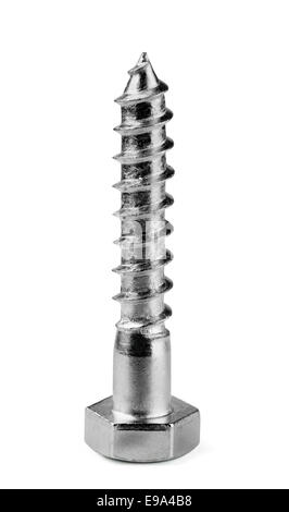 Metal screw with a flat head and threaded shaft on a neutral background ...
