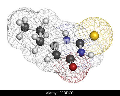 Propylthiouracil (PTU) hyperthyroidism drug molecule. Stylized skeletal ...
