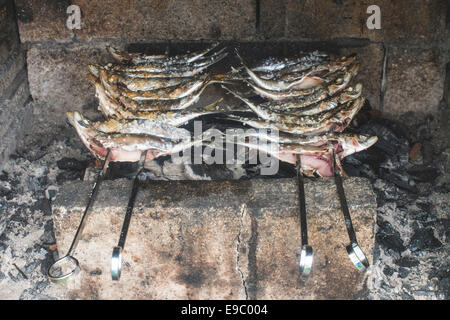 Small fish on BBQ. Fish on a skewer Stock Photo - Alamy