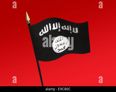 Small flag of ISIL, ISIS with red storm clouds Stock Photo - Alamy