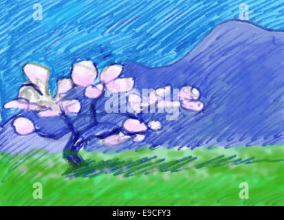 springtime flowering garden with grass and trees illustration backdrop ...