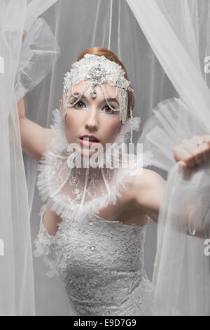 Beautiful woman with white lace corset dress, romantic style Stock ...
