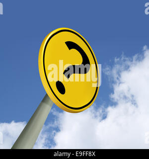 Yellow road sign with Question Mark in panoramic blue sky background ...