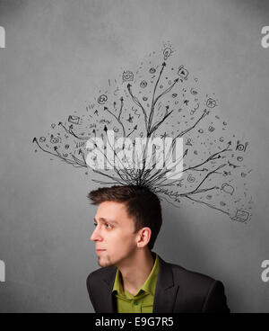 Businessman with tangled lines coming out of his head Stock Photo - Alamy