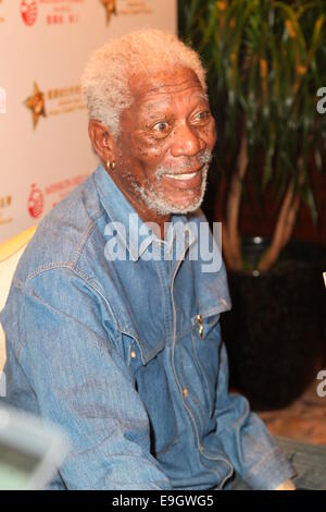 Morgan Freeman attends a press conference after watching a golf game in ...