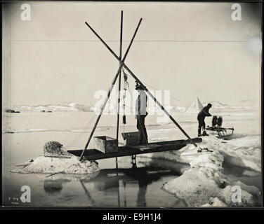 A photograph of Fridtjof Nansen measuring deep-sea temperatures using a ...