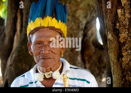 Cacique of the Xavante people, indigenous tribe, with the headdress of ...