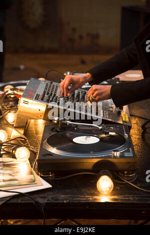 Record player and mixing deck at a big party Stock Photo - Alamy