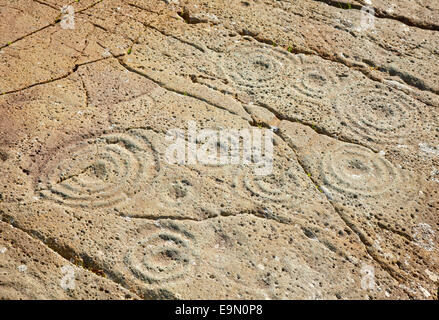 Prehistoric cup and ring mark carved stone rock art outcrop at ...