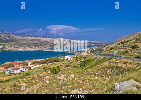 Aerial view of the island of Pag, Croatia, Croatian roads and coastline ...