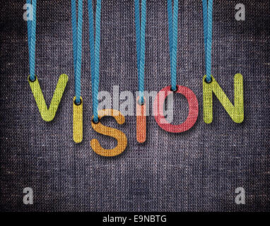 Vision Letters hanging strings with blue sackcloth background Stock ...