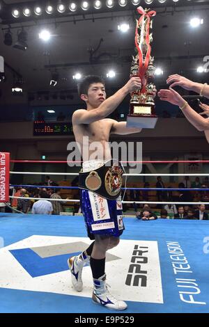 Kosei Tanaka of Japan celebrates in the 3rd round after winning the WBO ...