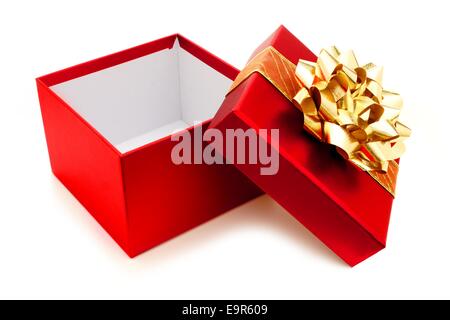 Open red gift box with gold ribbon. Christmas theme. Object isolated on ...