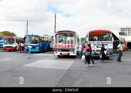Mauritius, public transport, local bus on motorway approaching ...
