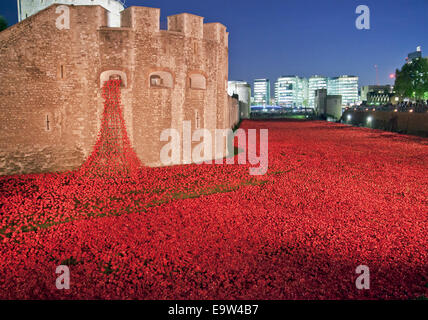 Red ceramic poppies at The Tower Of London Remembers exhibition, Blood ...