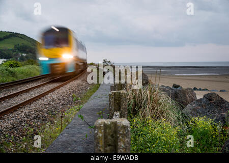 Arriva train approaching Ferryside Station on route to Carmarthen, west ...