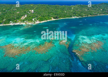 Aerial view of the island of Roatan. West Bay Beach and surrounding ...