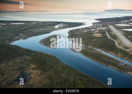 Aerial view of Lake Iliamna, the headwaters of the Kvichak River, and ...