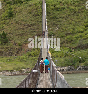 Suspension bridge across the Puna Tsang River, Punakha District, Bhutan ...