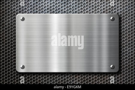 Silver metal stainless steel plate sign on black brick wall texture ...