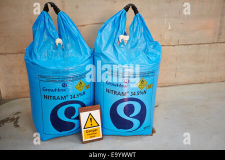 Bags of Nitram ammonium nitrate fertiliser stored on a UK farm Stock ...