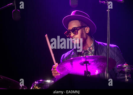 Emanuel Harrold on drums for Gregory Porter who sings on stage at 18th ...