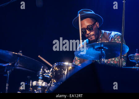 Emanuel Harrold on drums for Gregory Porter who sings on stage at 18th ...