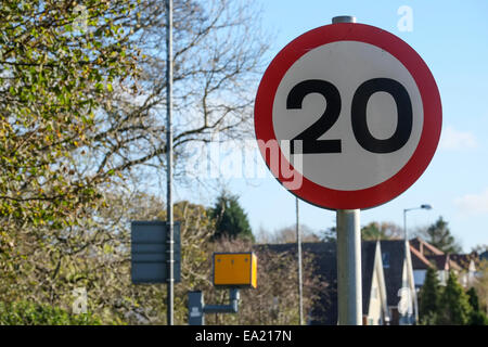 A 20mph zone road sign in a school area of a town - the new speed Stock ...