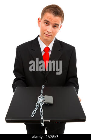 Isolated business man locked with chain Stock Photo - Alamy