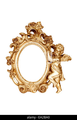 Wooden angel with gold border isolated on white Stock Photo - Alamy