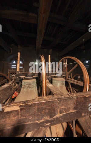 Bells inside the bell chamber of Bath Abbey tower in Bath, somerset ...