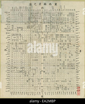 A historical map showing the layout of Edo (modern Tokyo), designed ...